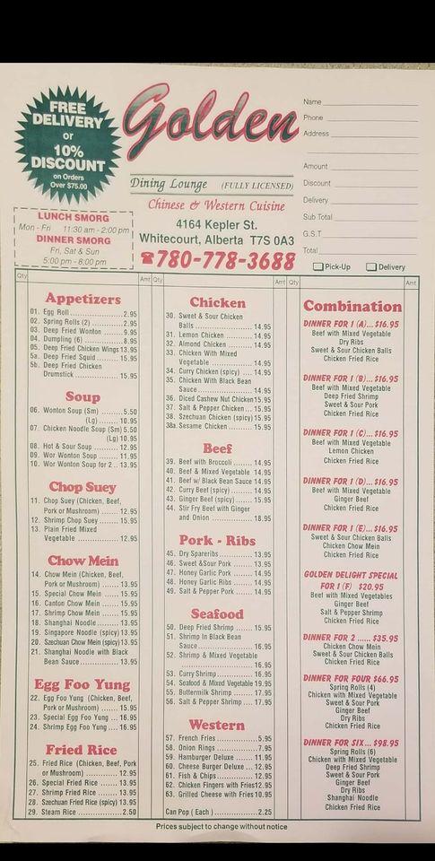 Menu at Golden Delight Restaurant, Whitecourt
