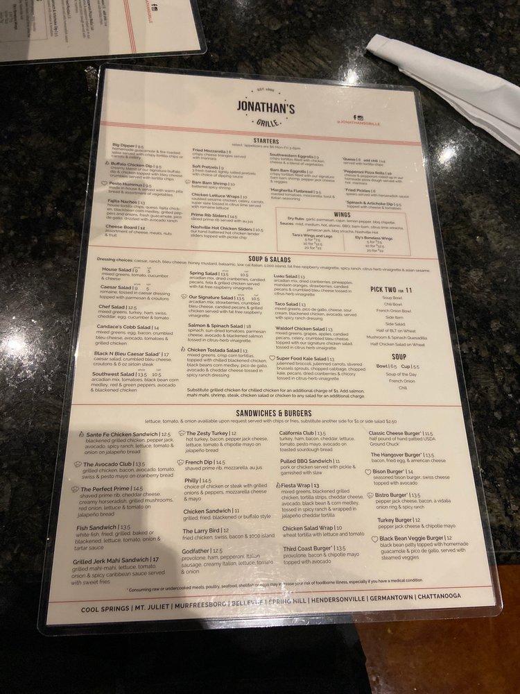 Menu at Jonathan’s Grille pub & bar, East Ridge