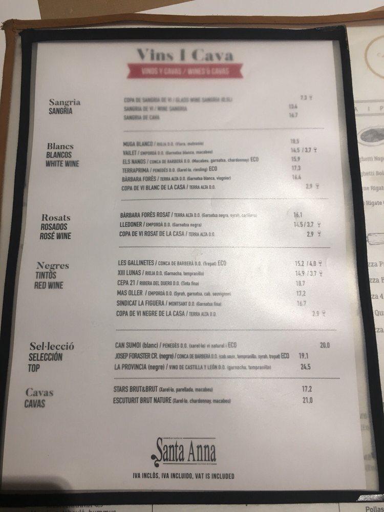 Carta de Restaurant Santa Anna, Barcelona, C. de Santa Anna