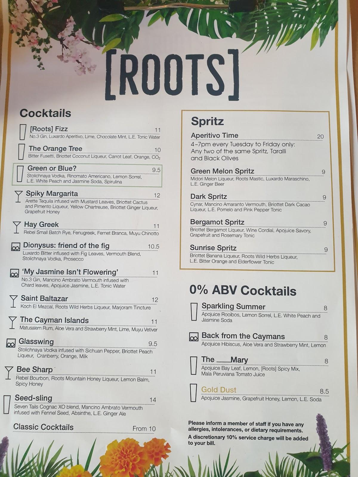 Menu at [Roots] Cocktail Bar East Village, Stratford Freshly made Cocktails, London