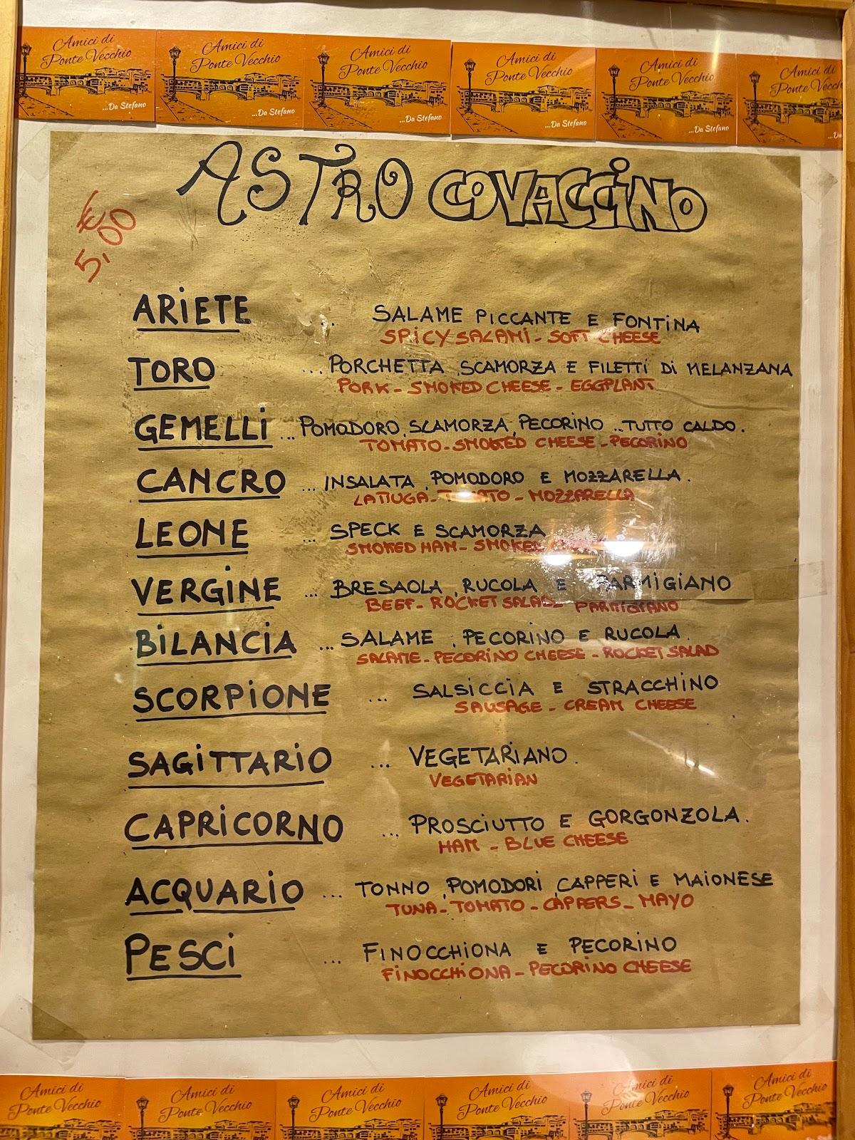Menu au Amici di Ponte Vecchio pizzeria, Florence