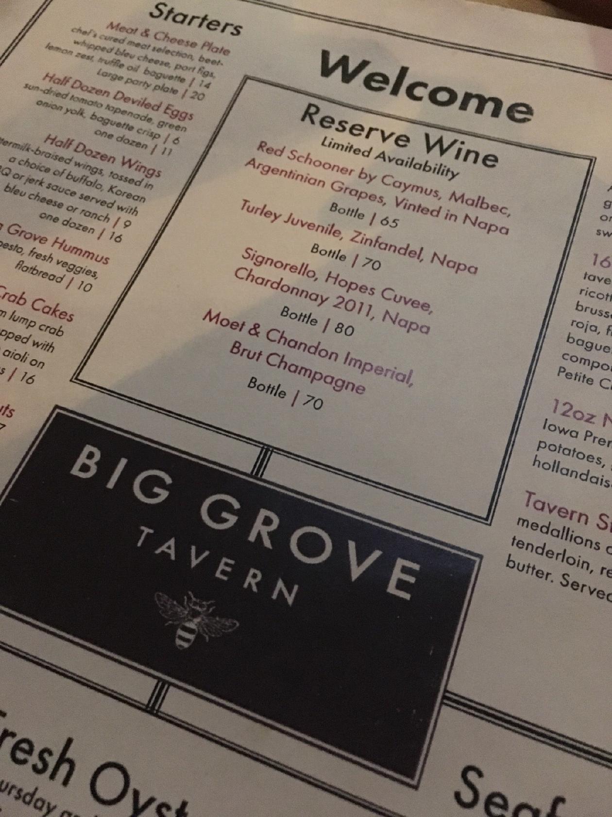 Menu at Big Grove Tavern pub & bar, Champaign