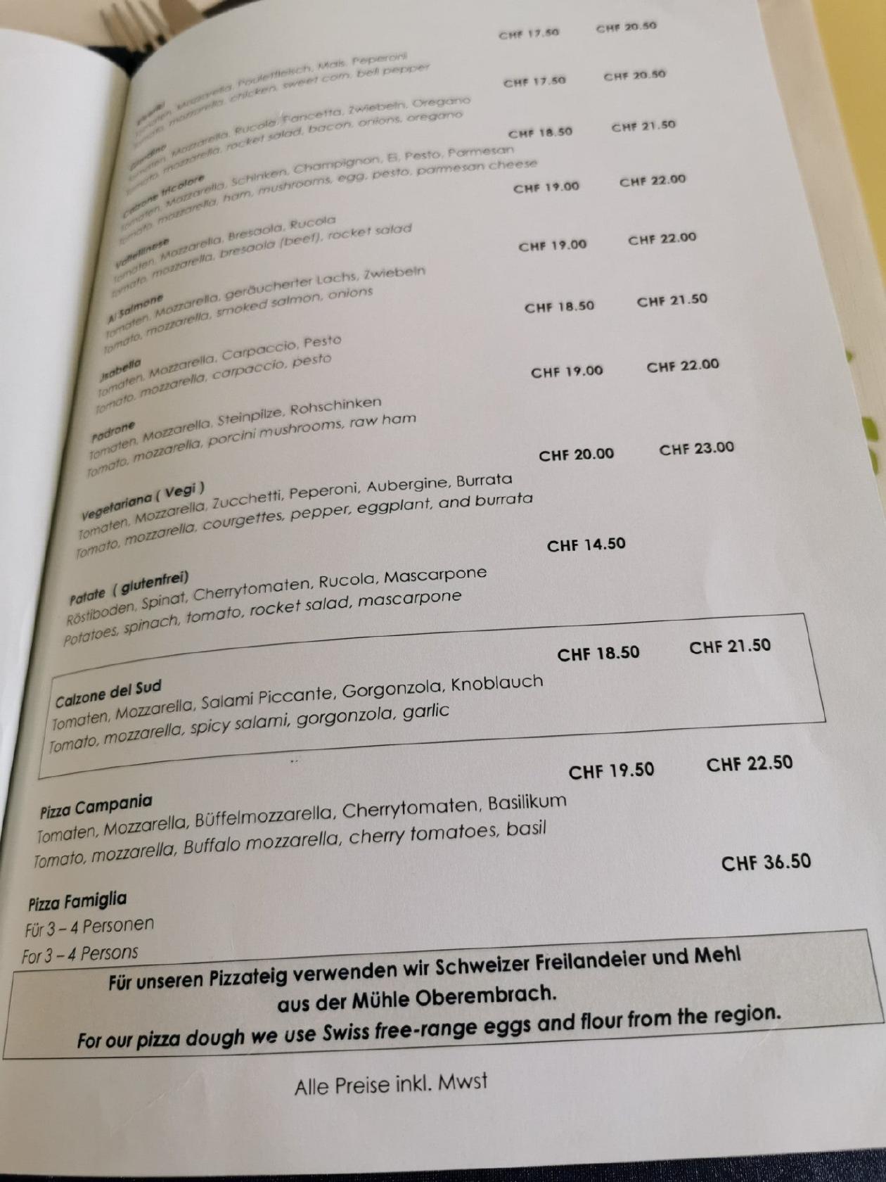 Menu au Pizzeria Giardino, Kloten