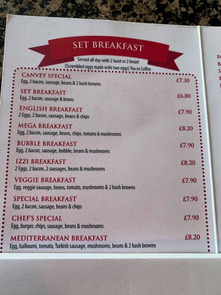 Menu at Izzi cafe, Canvey Island