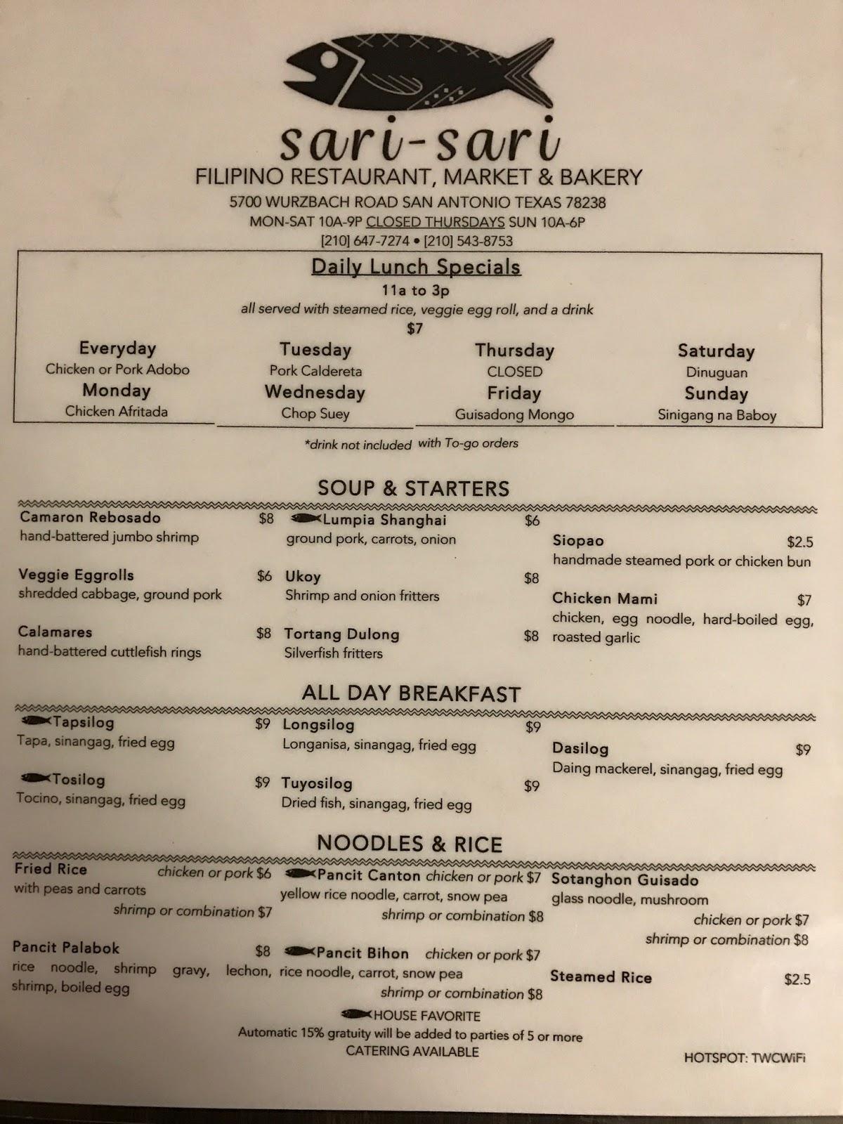 Menu at Sari-Sari Filipino Restaurant, Market, & Bakery, San Antonio