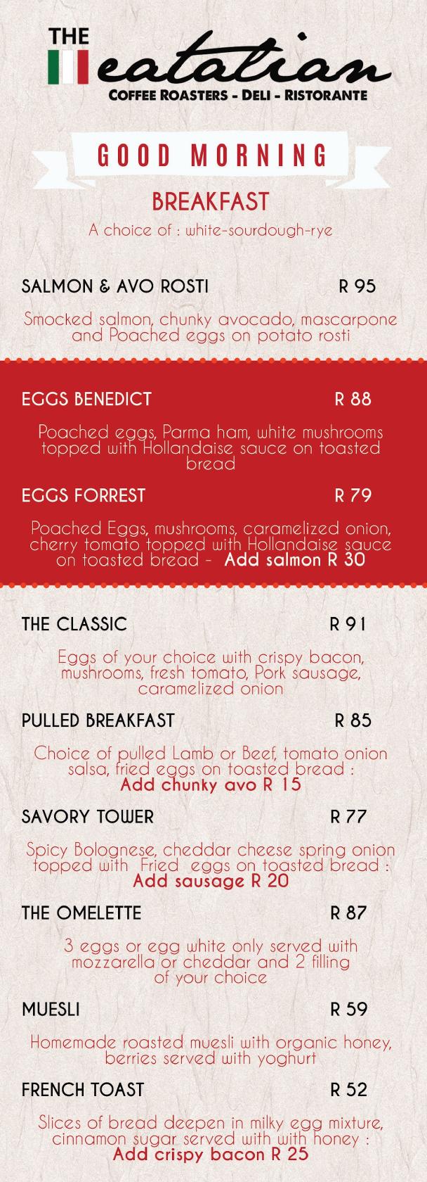 Speisekarte von The eatalian restaurant, Sandton