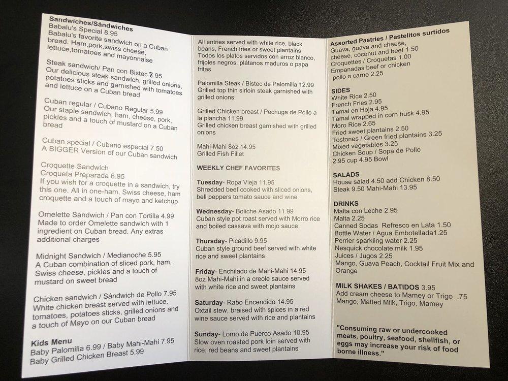 Menu at Babalu's Cuban Café restaurant, Port St. Lucie, SE Port St ...