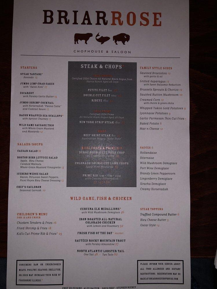 Menu at Briar Rose Chophouse & Saloon steakhouse, Breckenridge