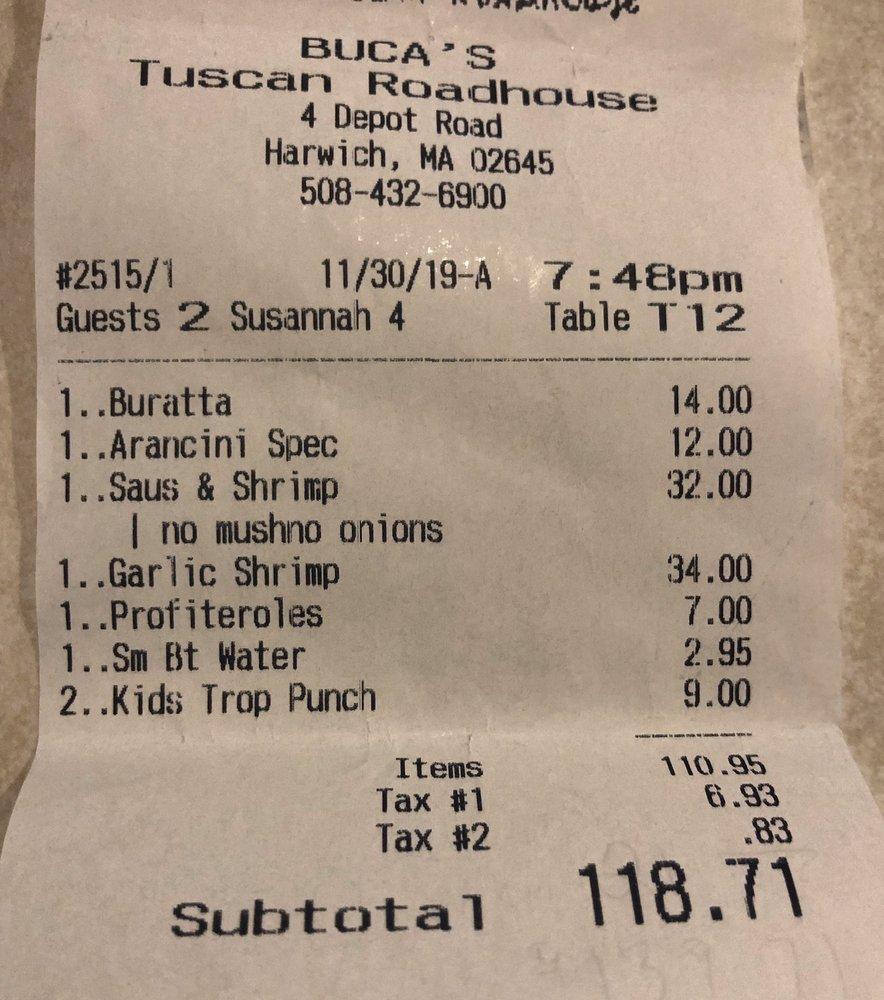 Menu at Buca's Tuscan Roadhouse restaurant, Harwich