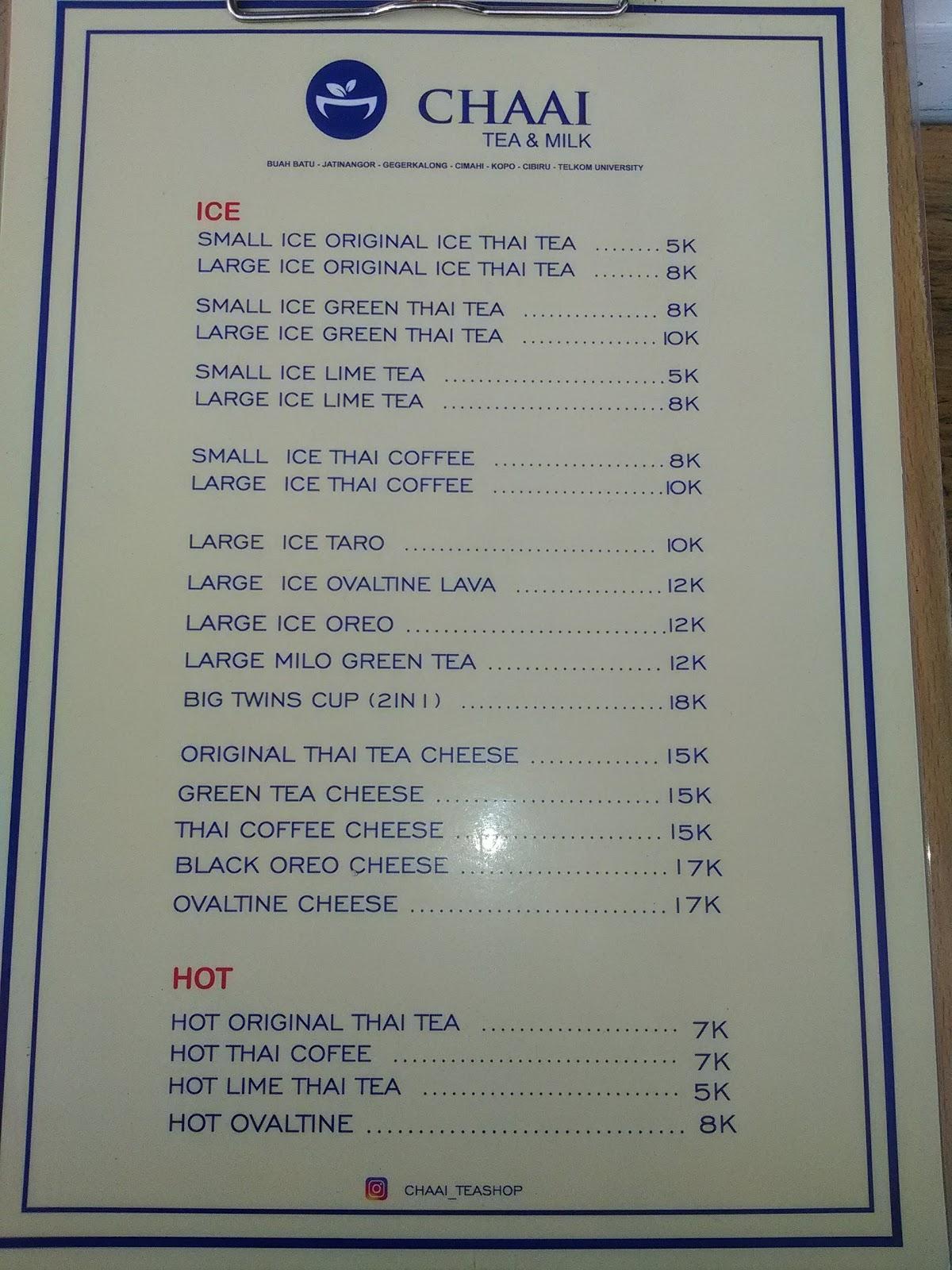 Menu at Chaai Thai Drinks cafe, Bandung