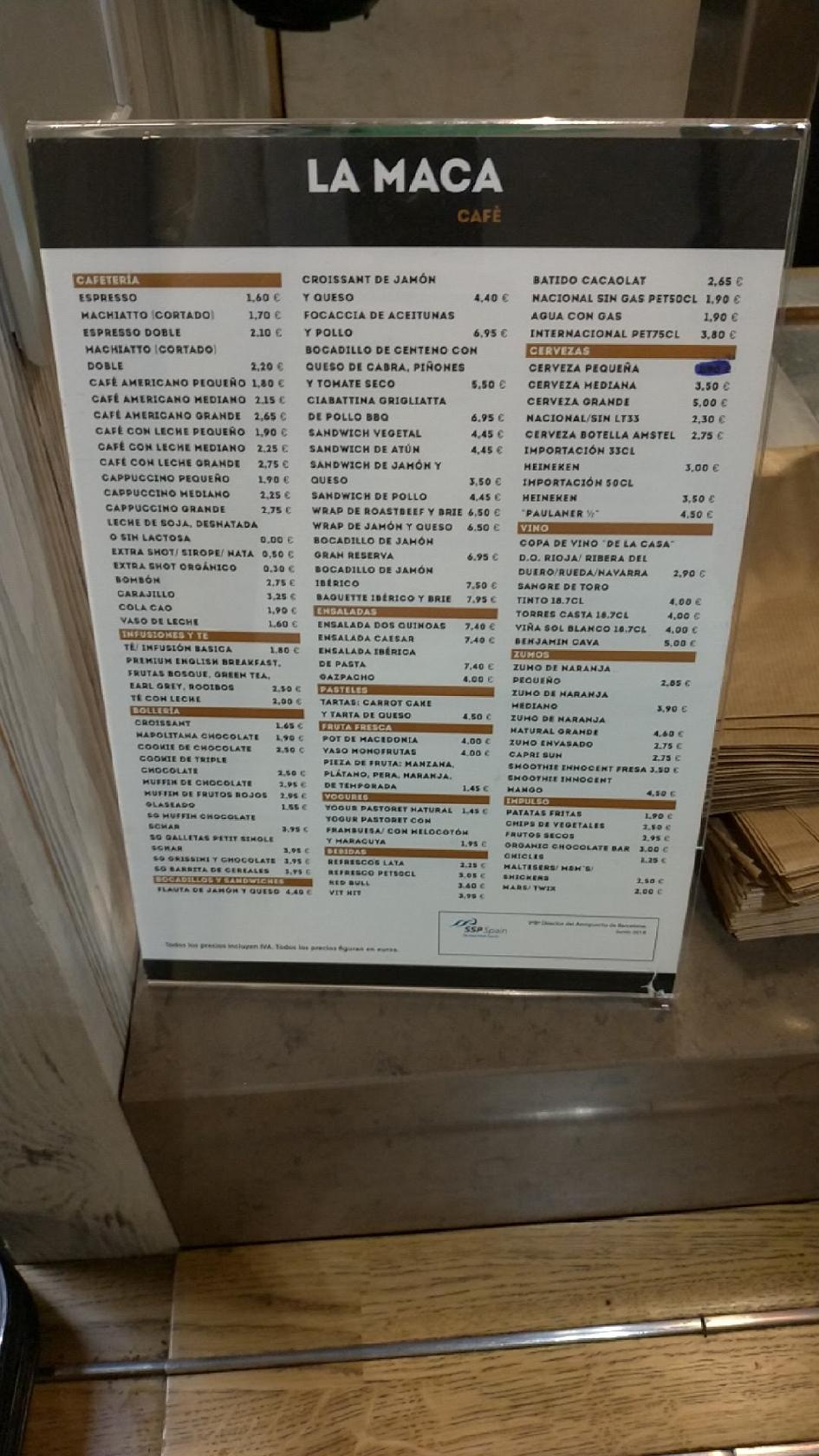 Menu at La Maca cafeteria, El Prat de Llobregat, Terminal 1