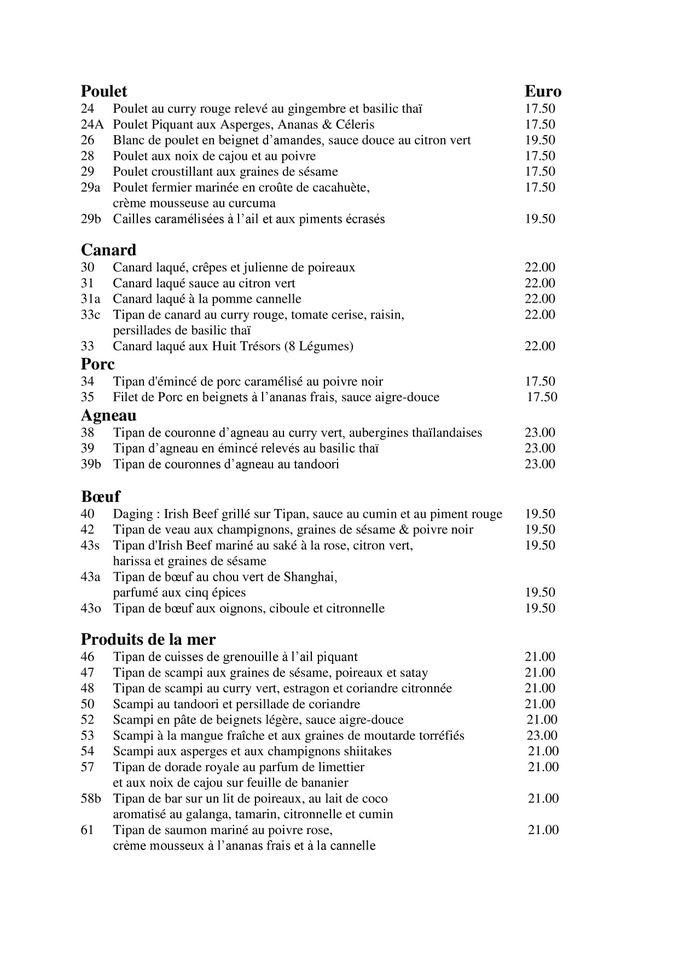 Menu at Le Bouddha Gourmand, Liège