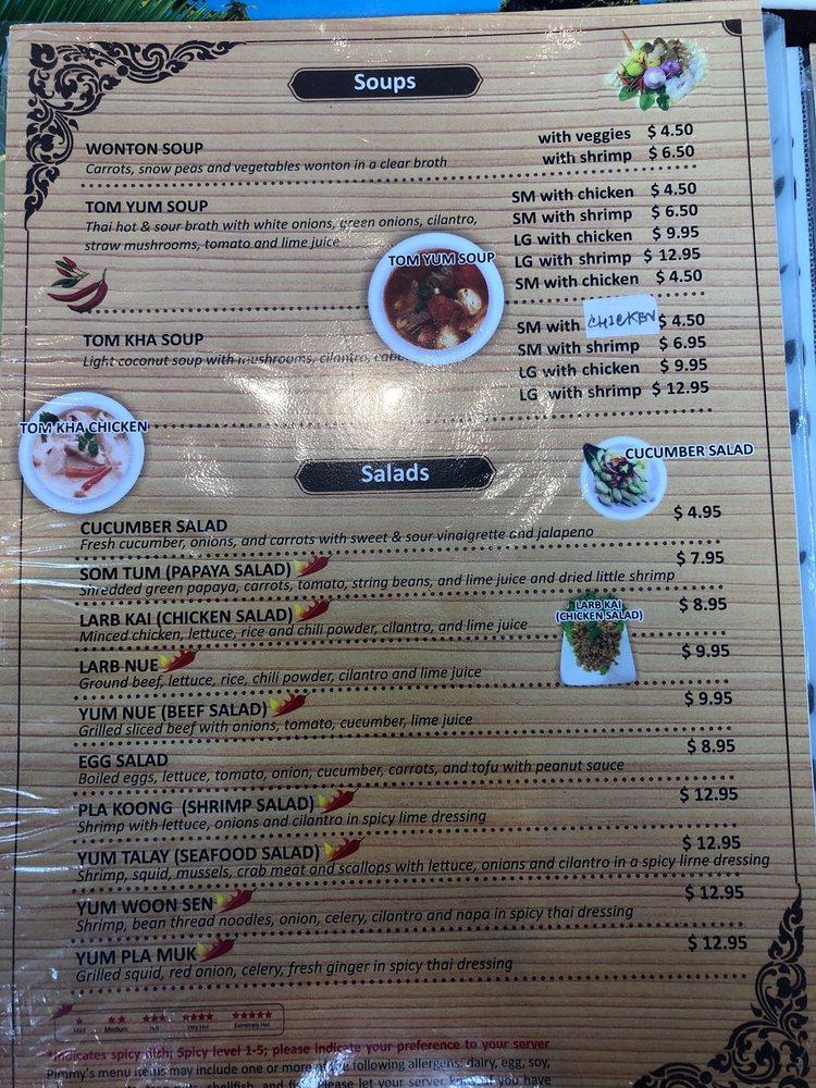 Menu at Pimmy's Authentic Thai Cuisine restaurant, Kenosha