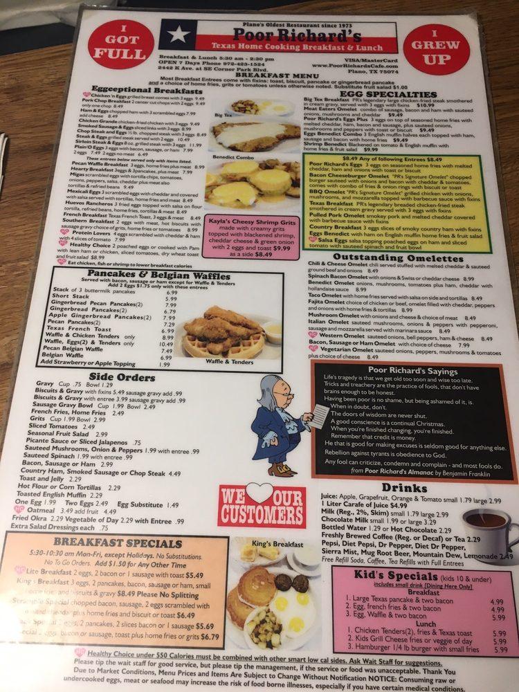 Menu at Poor Richard's Cafe, Plano