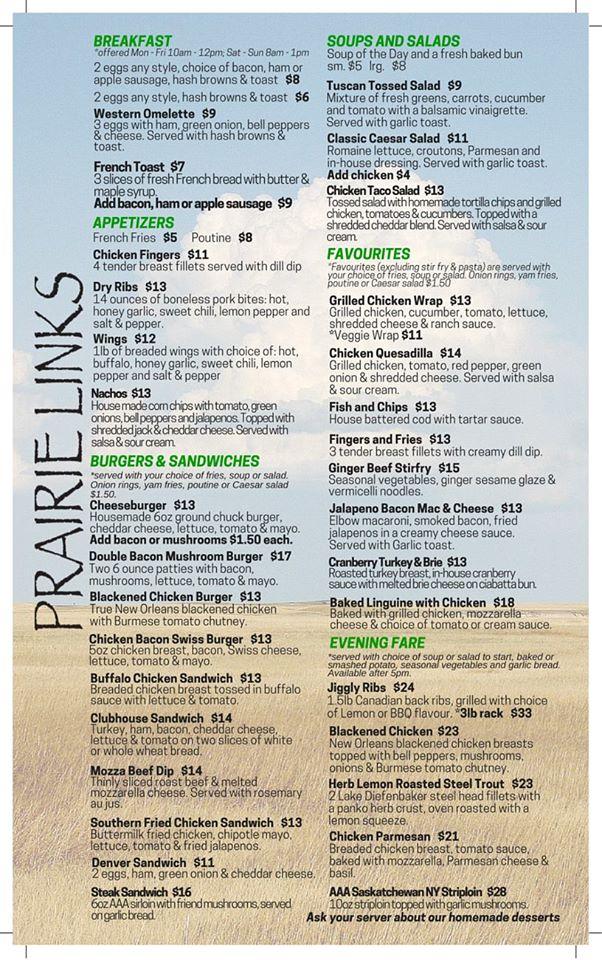 Menu at Prairie Links Restaurant, Warman