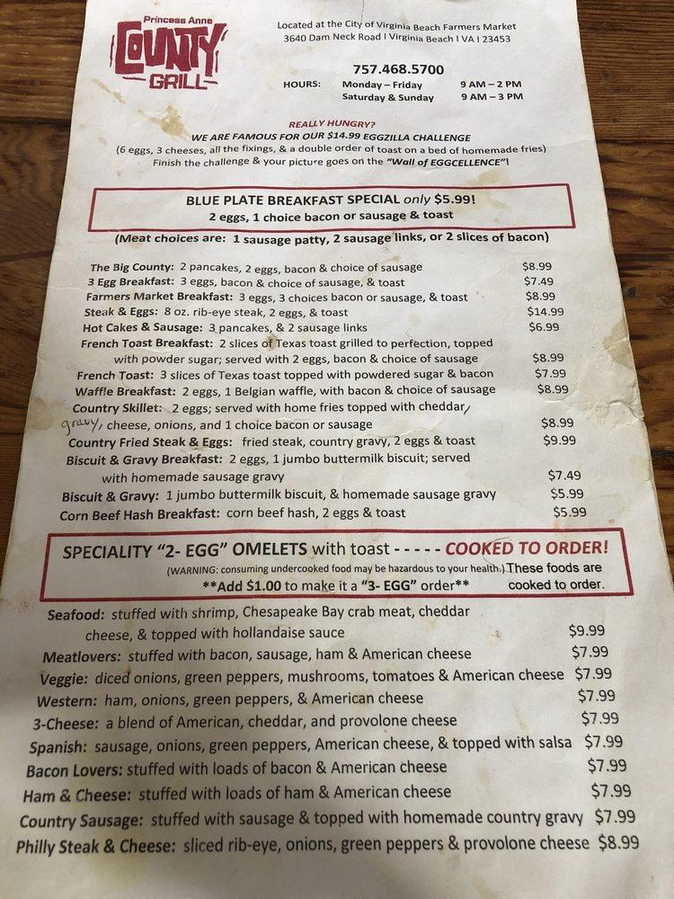 Menu at Princess Anne County Grill restaurant, Virginia Beach, Dam Neck Rd