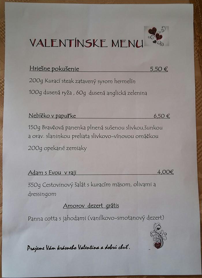 Menu at Reštaurácia u Adama restaurant, Slovakia