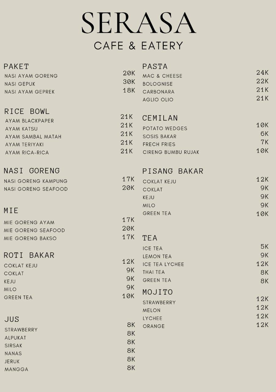 Menu at Serasa Cafe and Eatery, Bandung