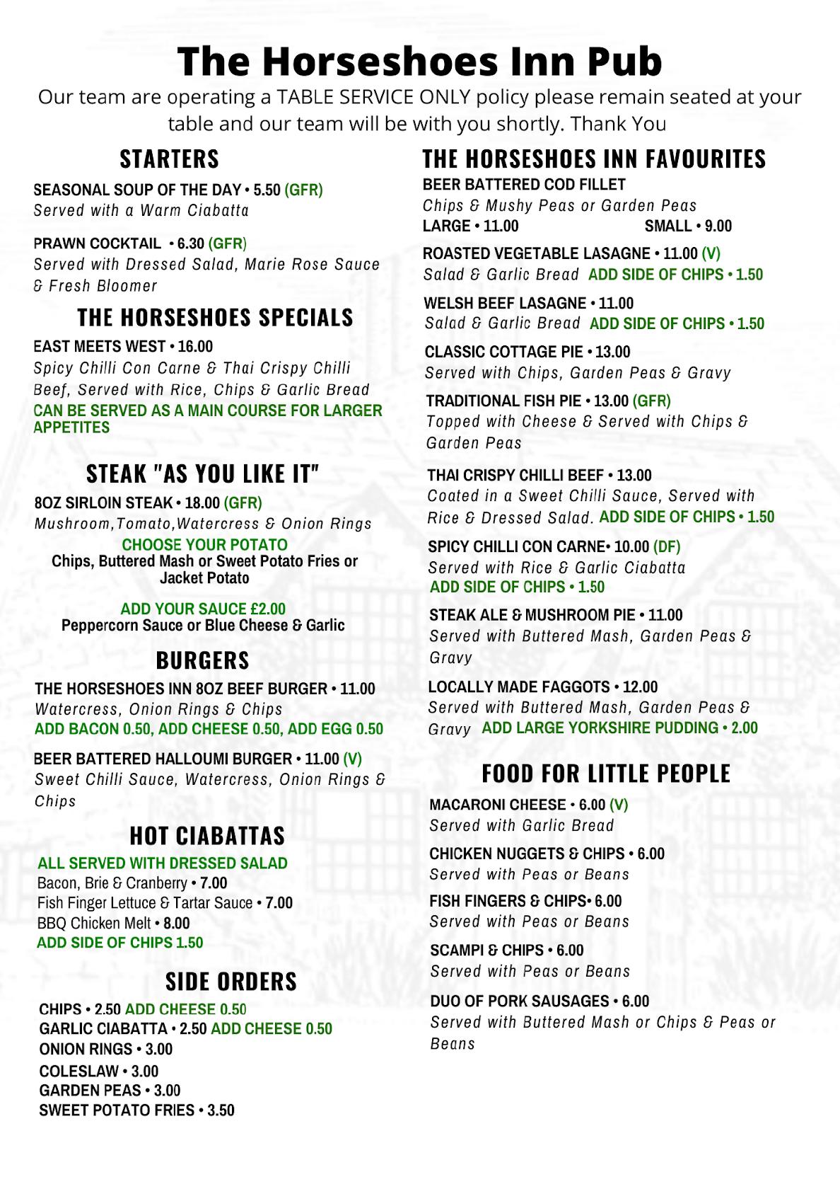 Menu at The Horseshoes Inn pub & bar, Welshpool