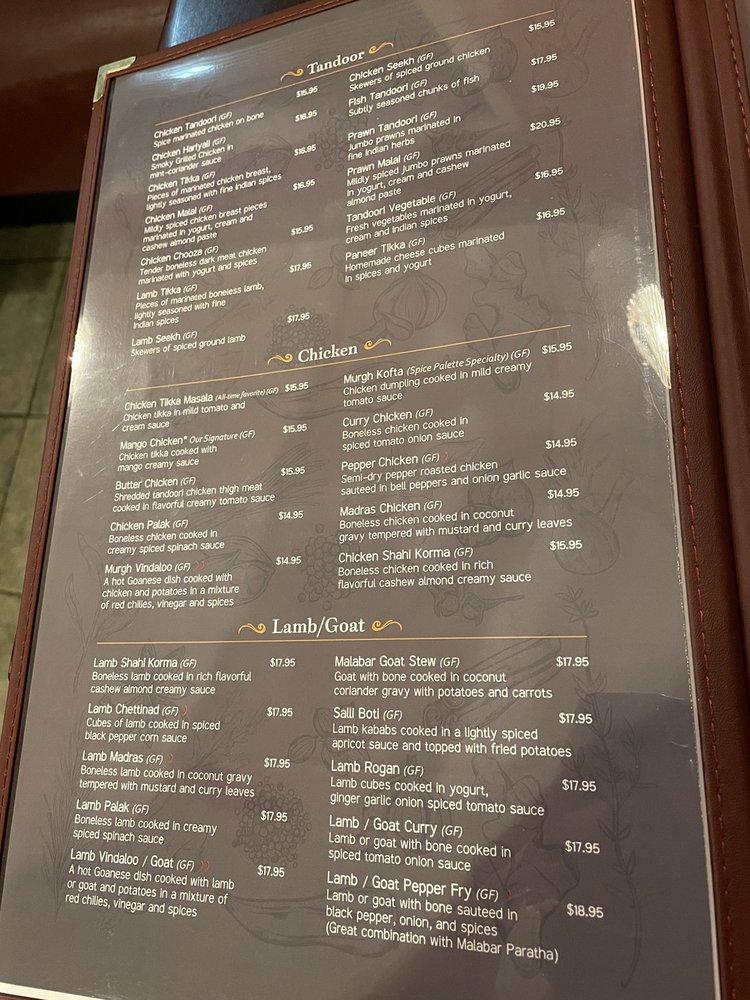 Menu at The Spice Palette Indian Cuisine restaurant, New London