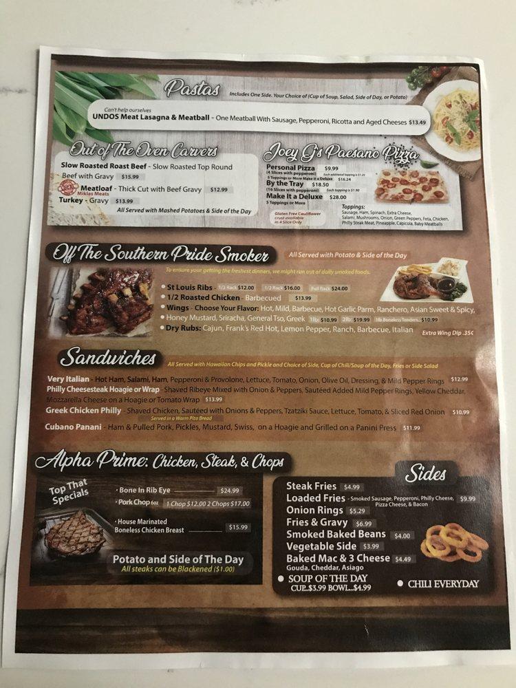 Menu at Alpha Tavern pizzeria, Wheeling