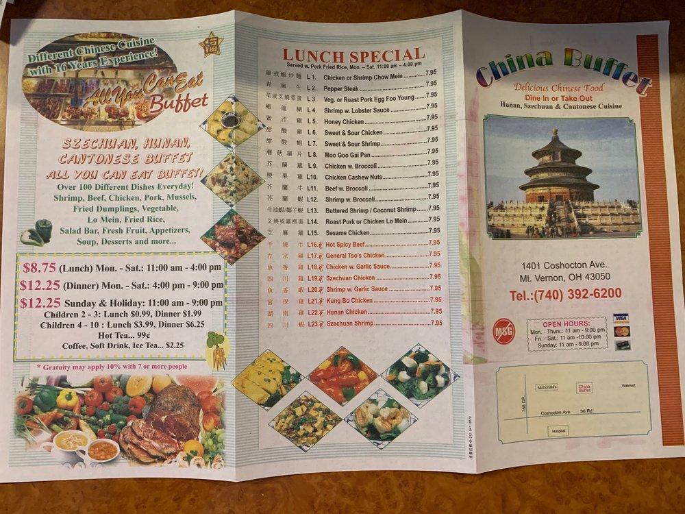 Menu at China Buffet restaurant, Mount Vernon