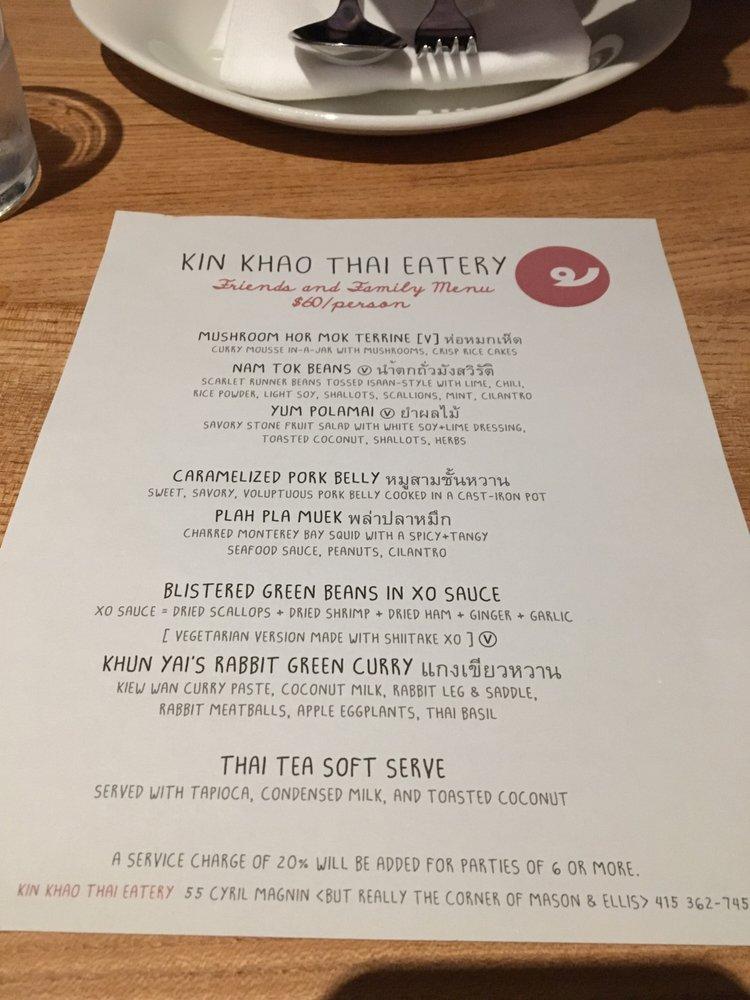 Menu at Kin Khao restaurant, San Francisco