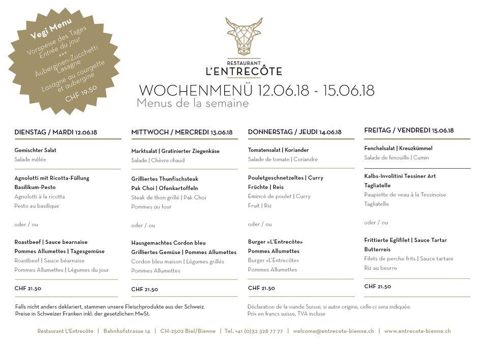 Menu au Rooftop Restaurant L'Entrecôte, Bienne, Bahnhofstrasse 14