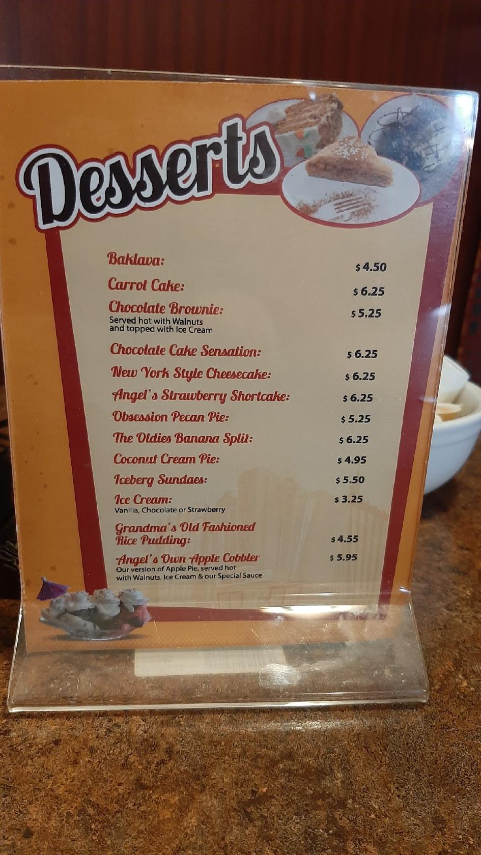 Menu at Angel's Diner restaurant, Brantford