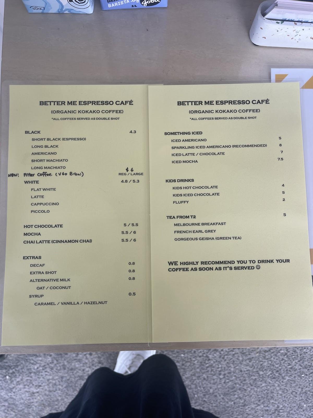 Menu at Better Me Espresso Cafe, Auckland