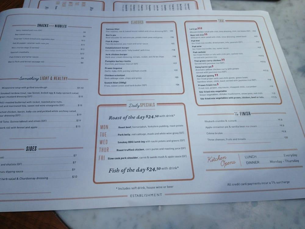 Menu at Establishment Bar, Sydney, Ground Floor