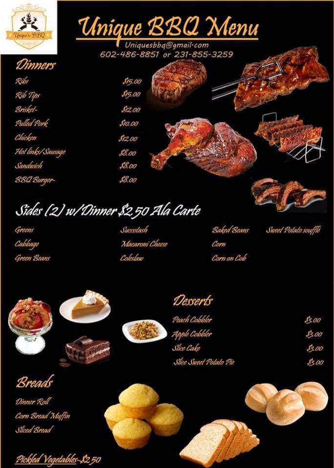 Menu at Unique's BBQ, Mesa