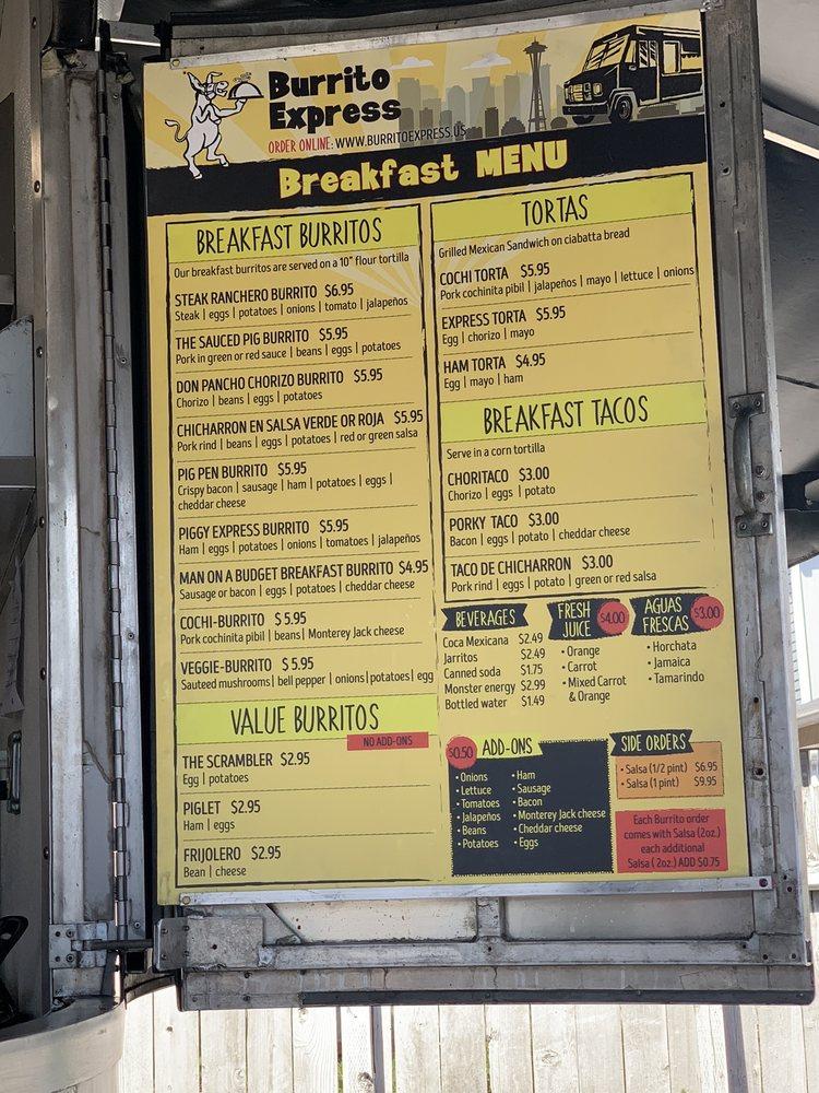 Menu at Burrito Express restaurant, Seattle, S Cloverdale St