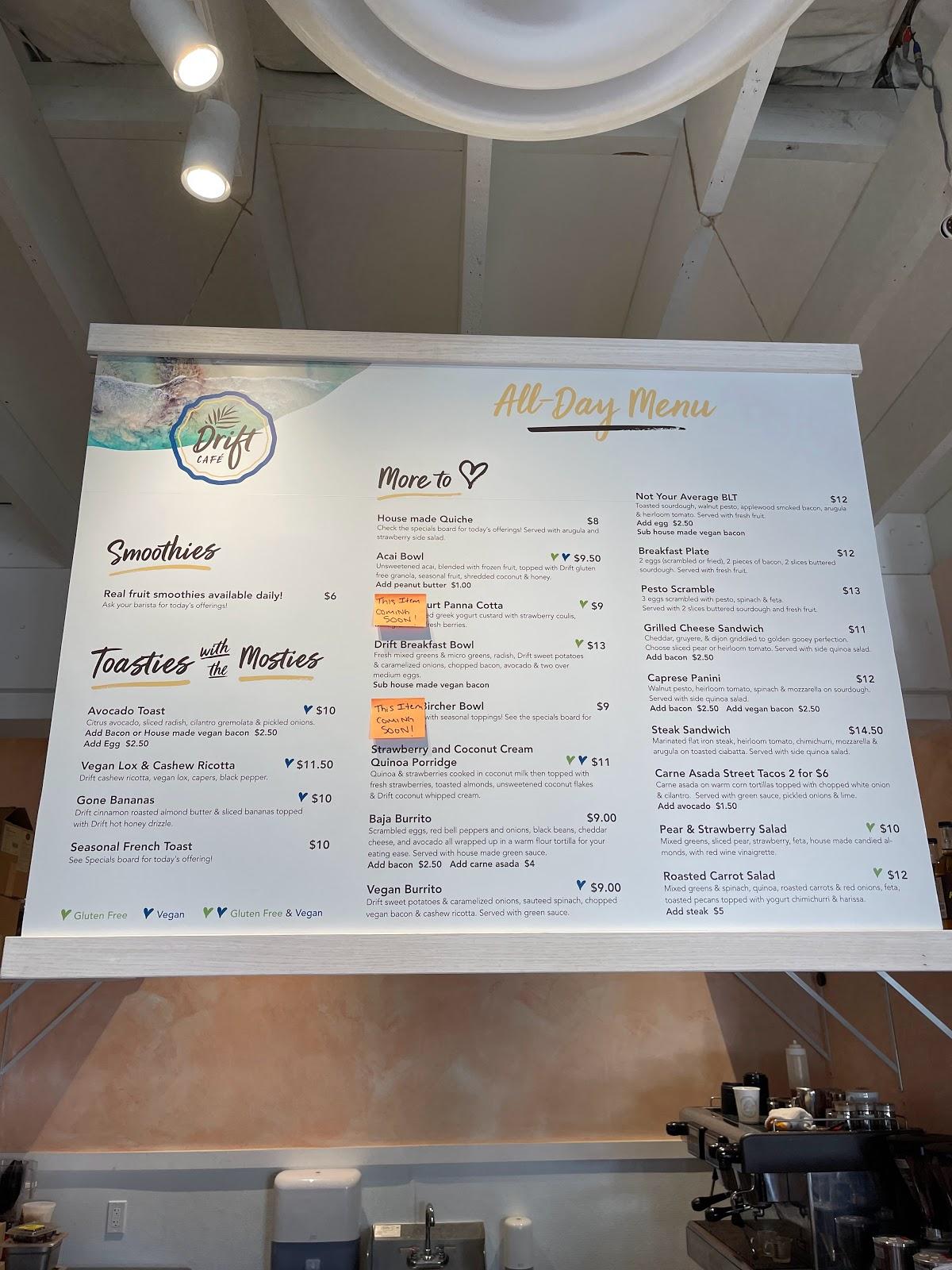 Carta de Drift Cafe, San Diego
