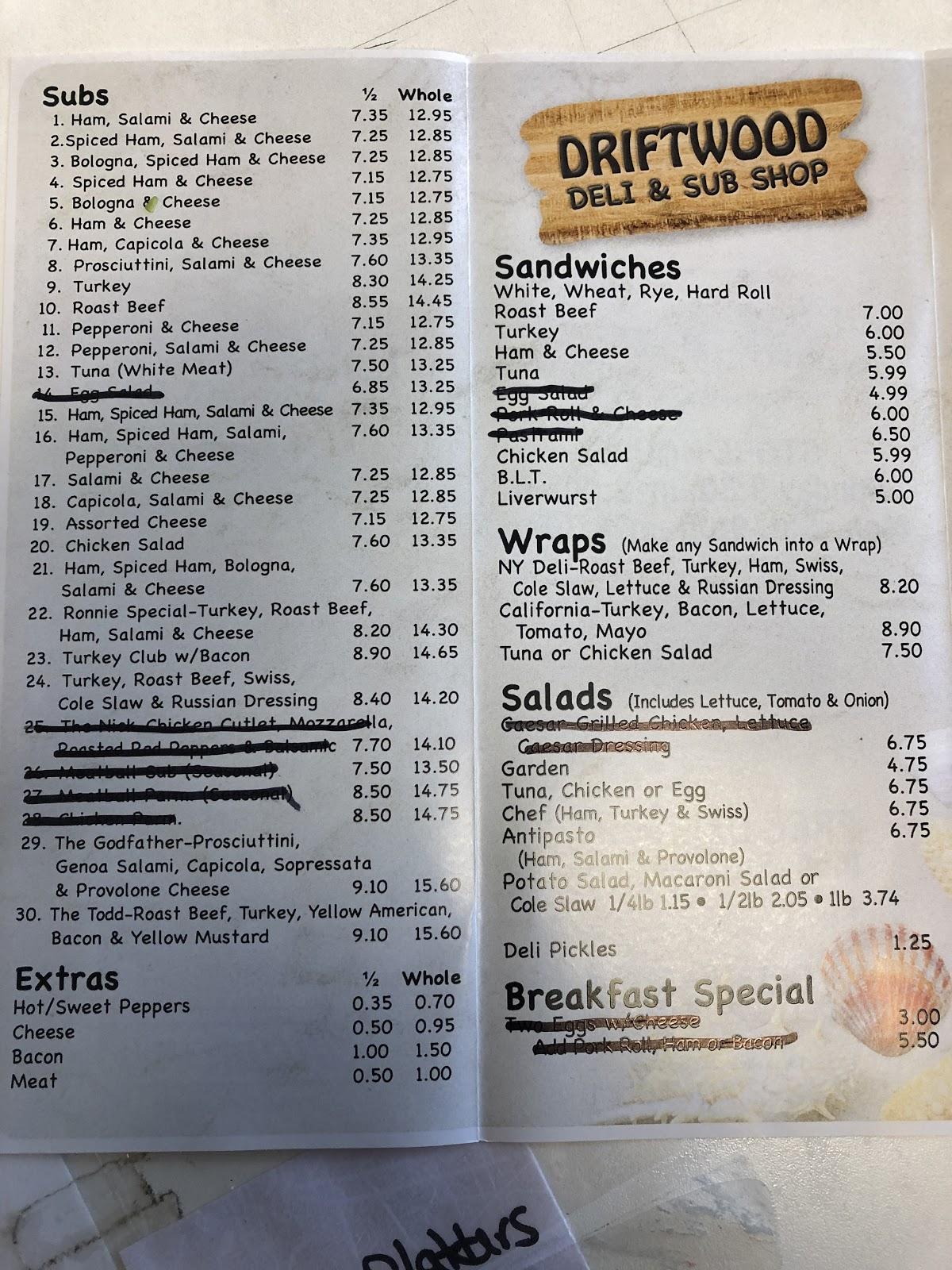 Menu at Driftwood Deli & Sub Shop restaurant, Toms River