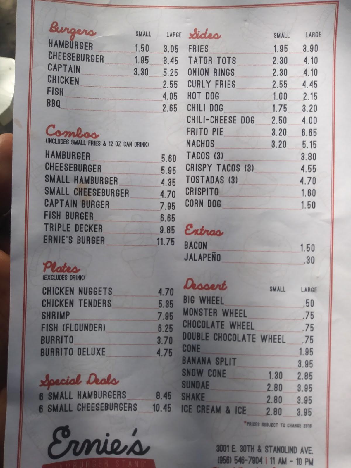 Menu at Ernie's Hamburger Stand fast food, Brownsville