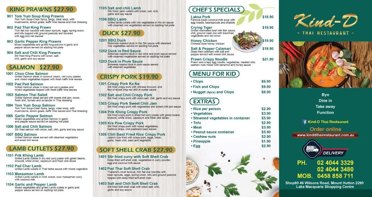 Menu at Kind-D Thai restaurant, Mount Hutton