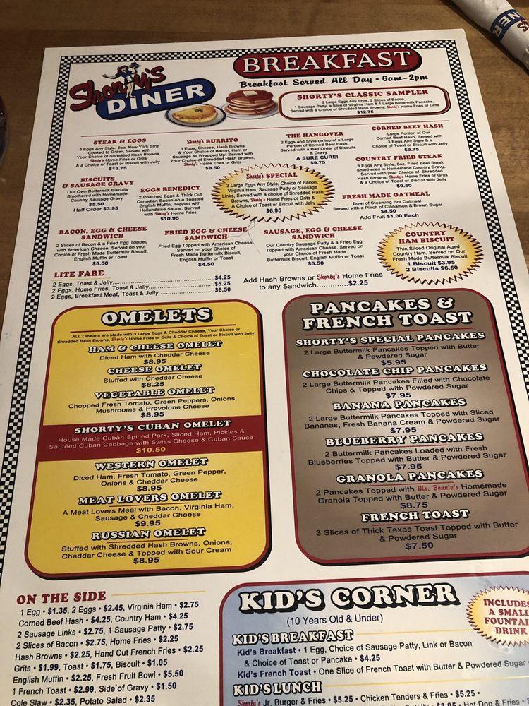 Menu at Shorty's Diner restaurant, Williamsburg