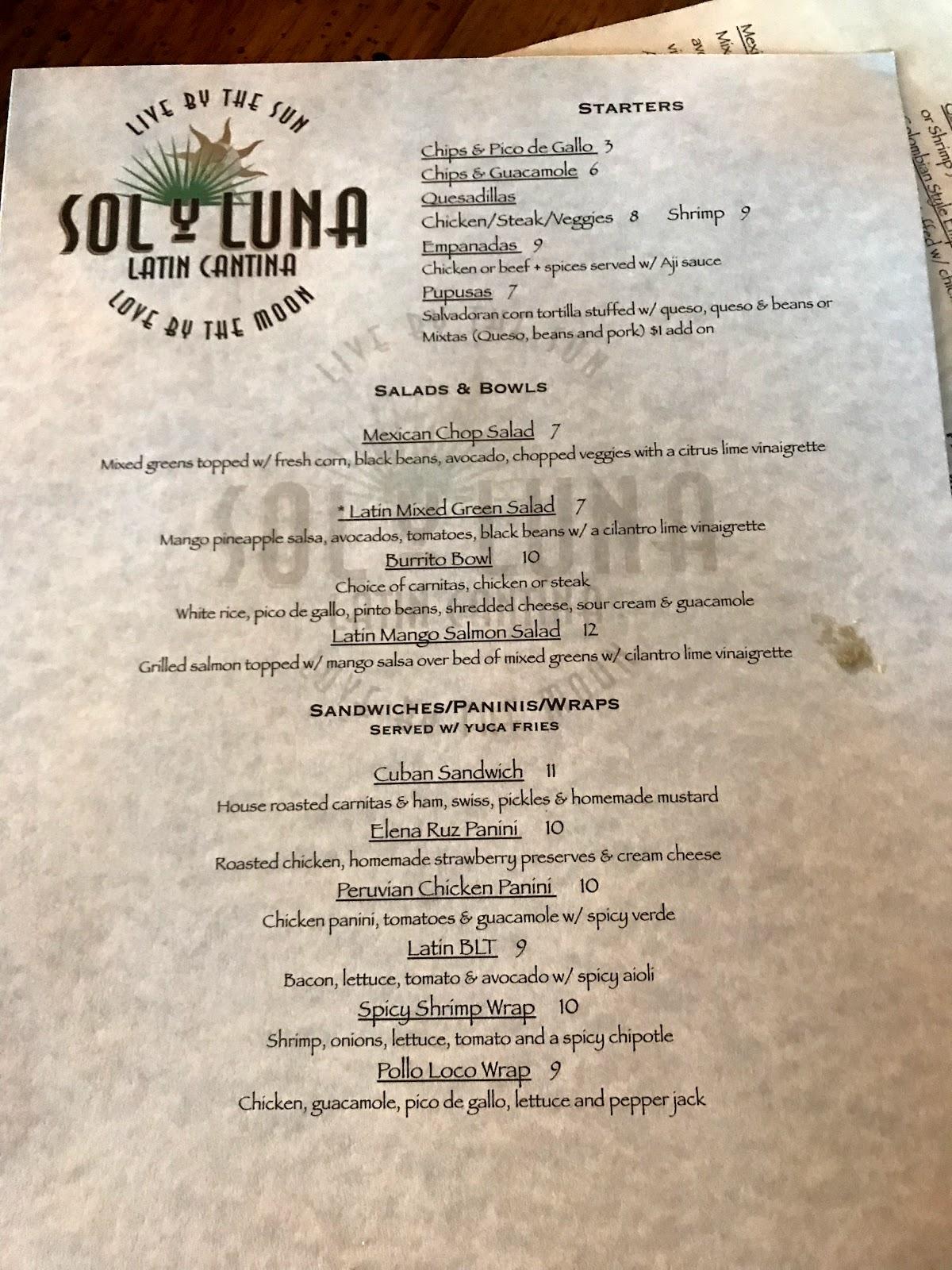 Menu at Sol y Luna pub & bar, Myrtle Beach
