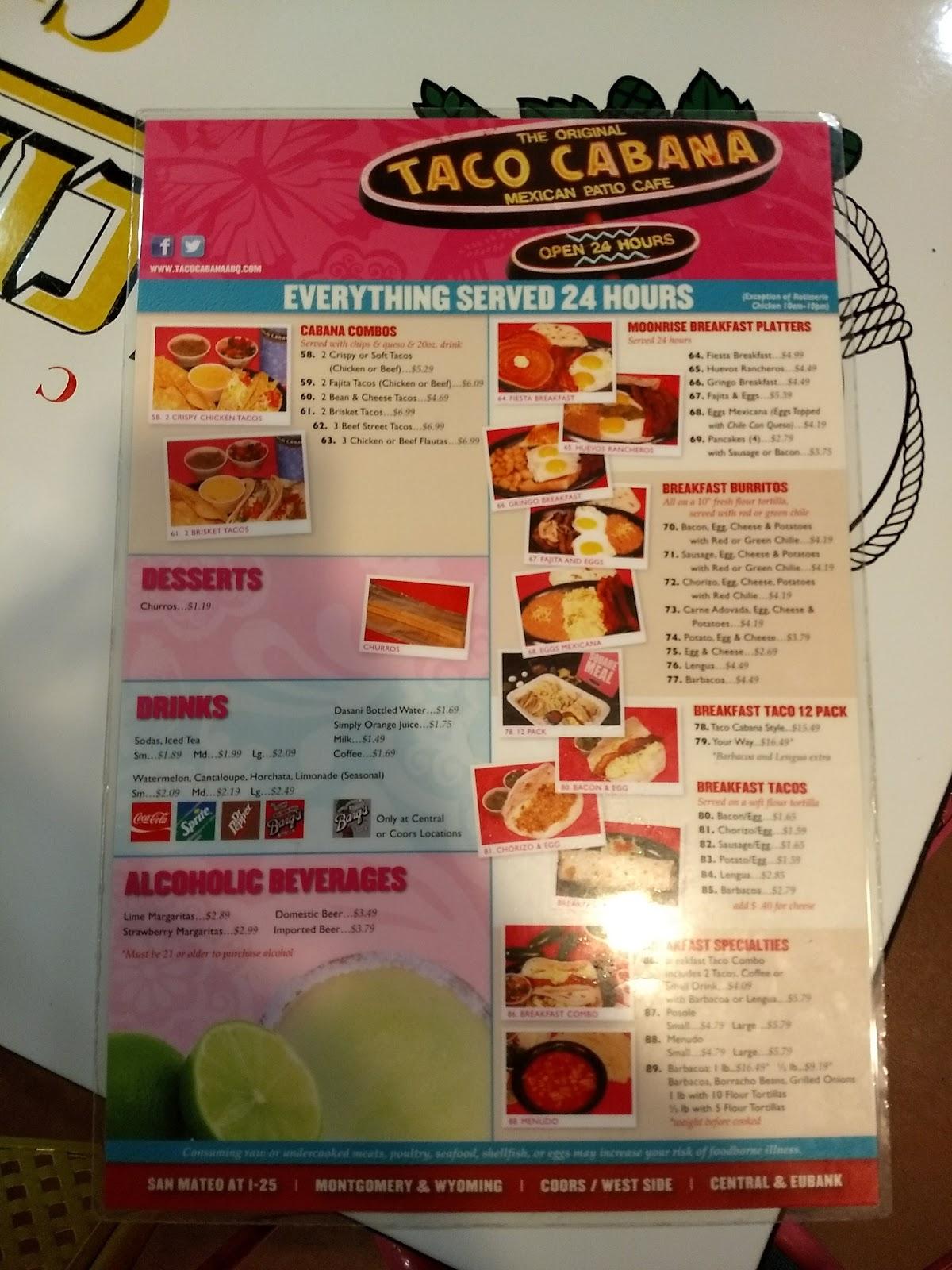 Menu at Taco Cabana restaurant, Albuquerque, Central Ave SE