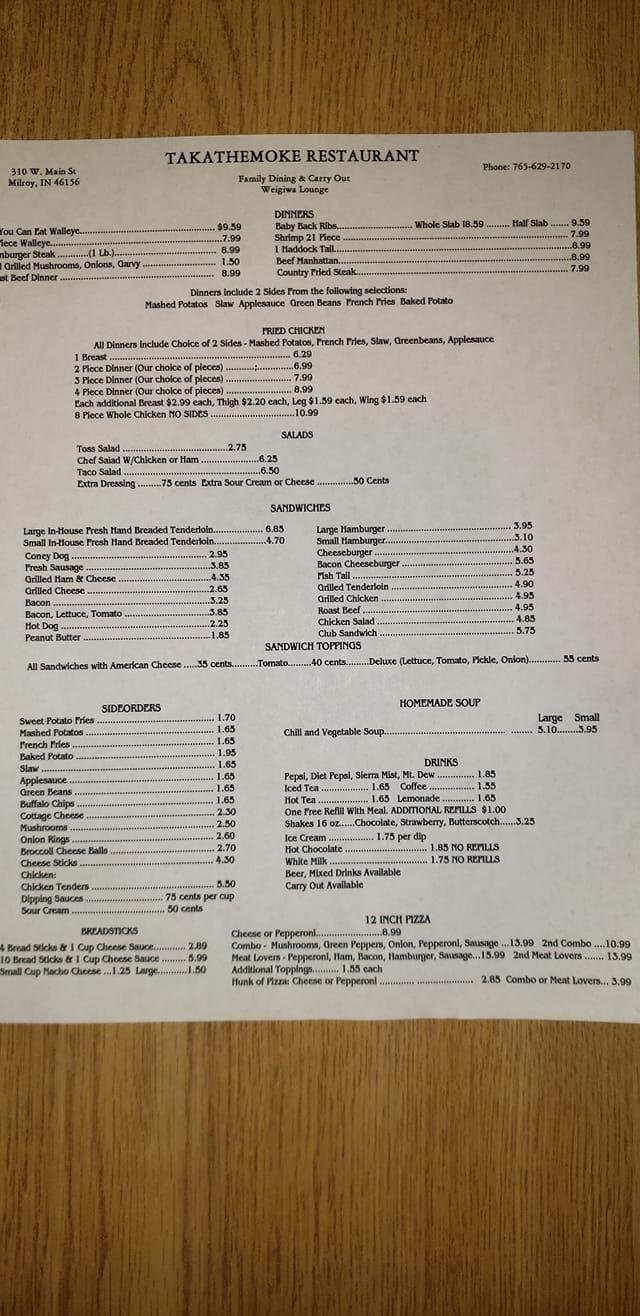 Menu at Takathemoke restaurant, Milroy