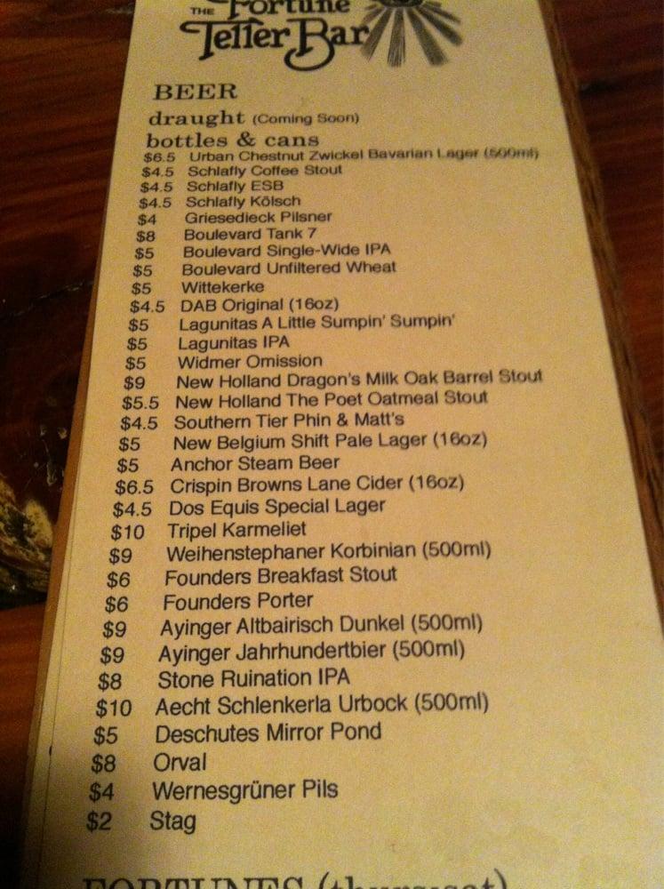 Menu at Fortune Teller Bar, St. Louis