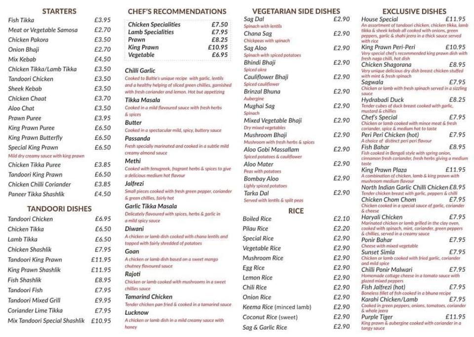 Menu at Balti House Indian Restaurant, Spilsby