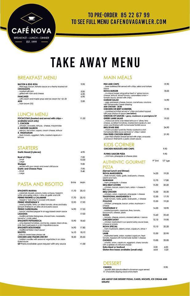 Menu at Café Nova pizzeria, Gawler, 19 Murray St