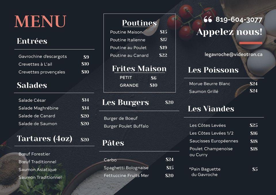 Menu at Café-resto Le Gavroche, Victoriaville