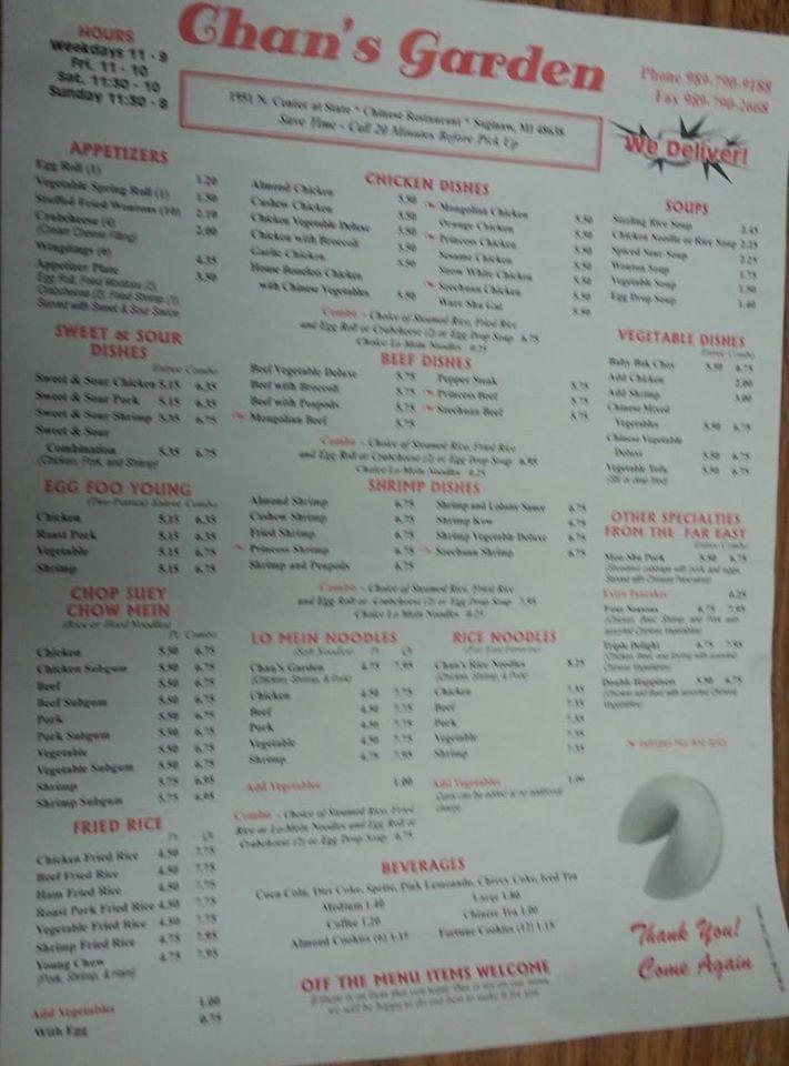 Menu at Chan's Garden Restaurant, Saginaw