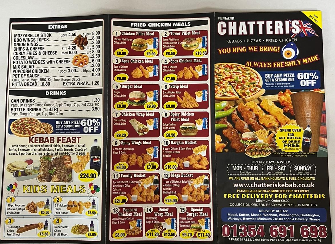 Menu at Chatteris Kebab fast food, Chatteris