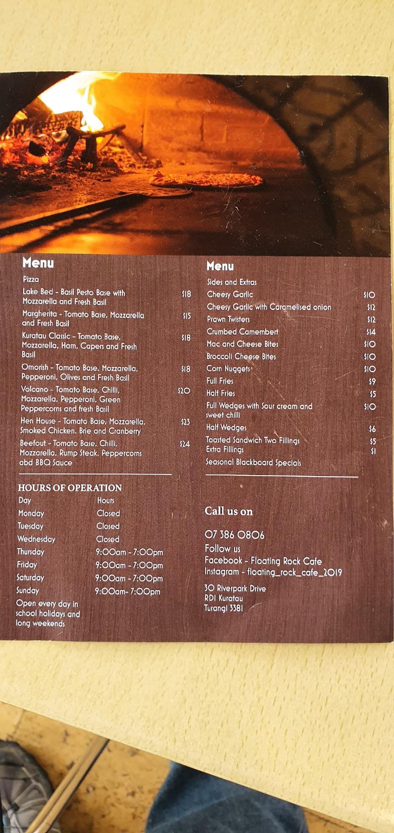 Menu at Floating Rock Cafe, Kuratau, 30 Riverpark Dr
