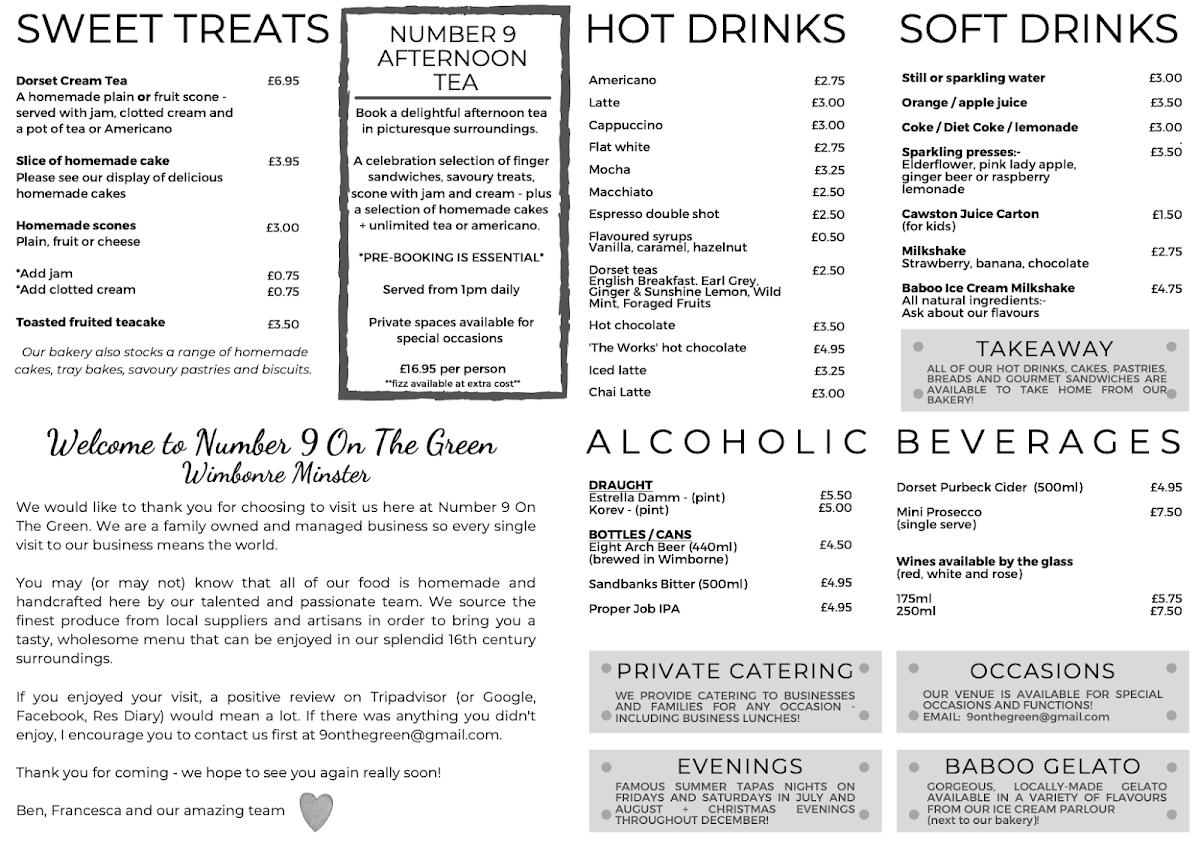 Menu at Number 9 on the green pub & bar, Wimborne Minster