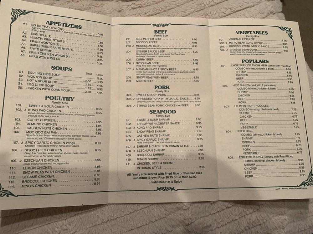 Menu at Oriental Express restaurant, Richardson